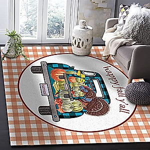 Indoor Area Rugs Thanksgiving Turkey Autumn Pumpkin Truck Non-Slip Floor Mats Orange Grid Rectangular Carpet Soft Washable Rugs for Living Room/Bedroom/Hallway Home Decor - 4x6 Feet