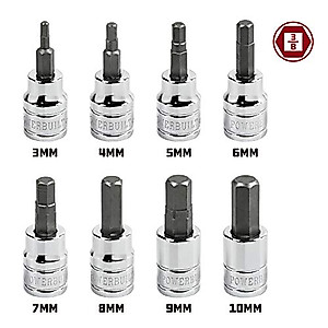 Powerbuilt Hex Bit Socket Set, 8 Piece, 3/8 Inch Drive Metric, Sizes 3-10mm, Ball End Sockets, Storage Rail - 642405