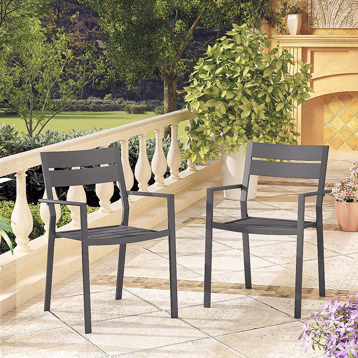 VICLLAX Patio Dining Chairs Set of 2, Stackable Metal Chairs Set with Armrests for Poolside, Backyard, Garden, Deck, Porch, Grey