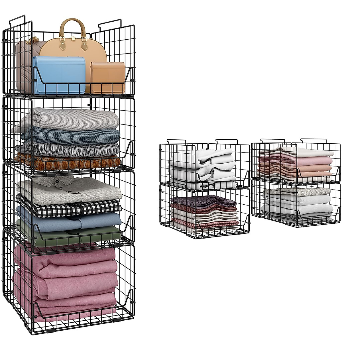 Jakyitvi Stackable Closet Organizers and Storage Bins 4 Pack, Sturdy Metal Clothes Storage Container for Clothes Pants Sweaters, Black Folded Drawer Shelf Organizer for Closet Wardrobe