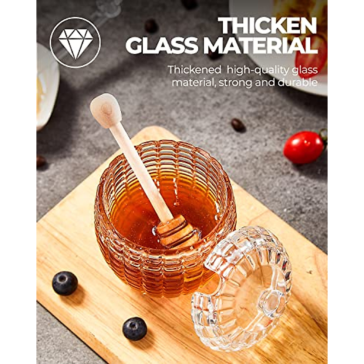 Ahoo Glass Honey Jar,Dispenser Honey Pot Containers with Wooden Dipper Stick Set and Lid,Storage Honey Holder Bottle
