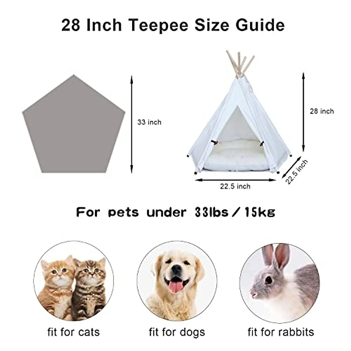 WUKOO Pet Teepee with Cushion for Dogs and Cats Puppies House with Bed Portable Pet Tent Indoor Outdoor 24 Inch & 28 Inch Washable Mini Tents for Pets (White-28 Inch no Cushion) …