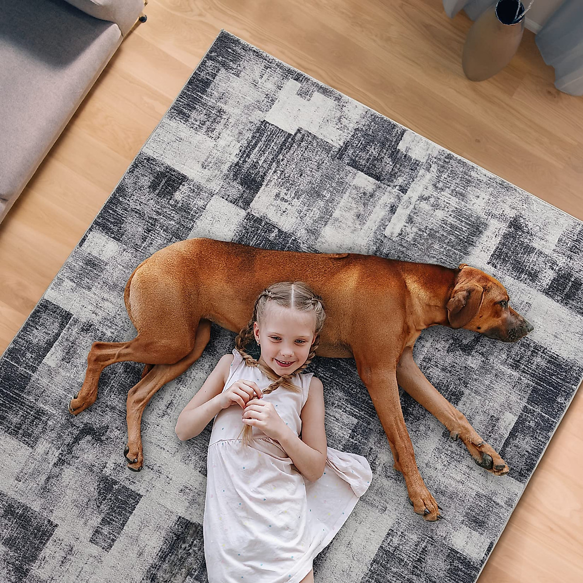 Area Rug Living Room Rugs 8x10 Washable: Indoor Soft Low Shaggy Fluffy Pile Carpet Abstract Decor Large for Bedroom Dining Room Under Kitchen Table Home Office - Gray/Ivory