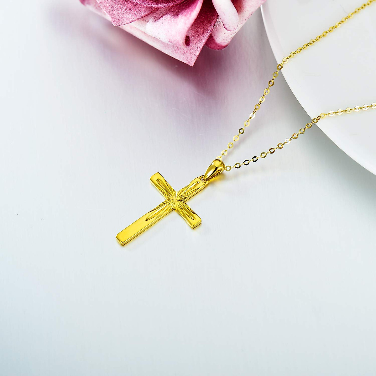 14K Solid Gold Cross Necklace for Women, Delicate Gold Italian Diamond-cut Cross Pendant Necklace Religious Jewelry for Girl, Wife, Mom, 16"-18"