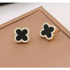 Four Leaf Crystal Clover Necklace Earring Set for Women 18K Gold Plated Stainless Steel Cubic Zirconia Pendant 4 Leaf Lucky Ear Studs Jewelry Gift for Mother and Daughter (Black Gold Set)