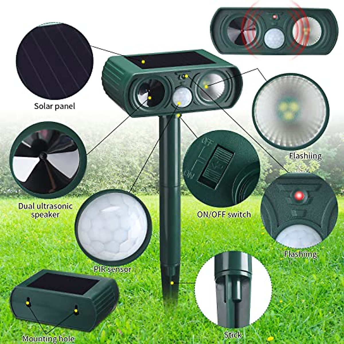 Kittmip Ultrasonic Solar Animal Repeller, Solar Outdoor Animal Repeller Motion Detection with LED Flash Light Alarm Defender Cat