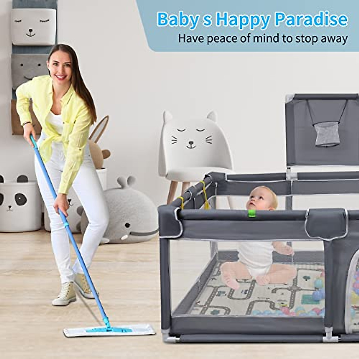 Baby Playpen with Basketball Large Playpen with Mat Playard for Babies Toddlers and Kids Play Pen Indoor & Outdoor Activity 63x63 Inches Extra Baby Play Pen with 100 PCS Ocean Balls