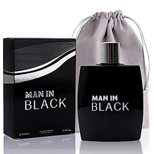 NovoGlow Man in Black for Men - Luxurious Aroma in Each 3.4 fl Oz Black Glass Bottle - Top Notes of Bergamot and Pineapple Formulated with Essential Oils - Fantastic Gift Choice - Grey Suede Pouch