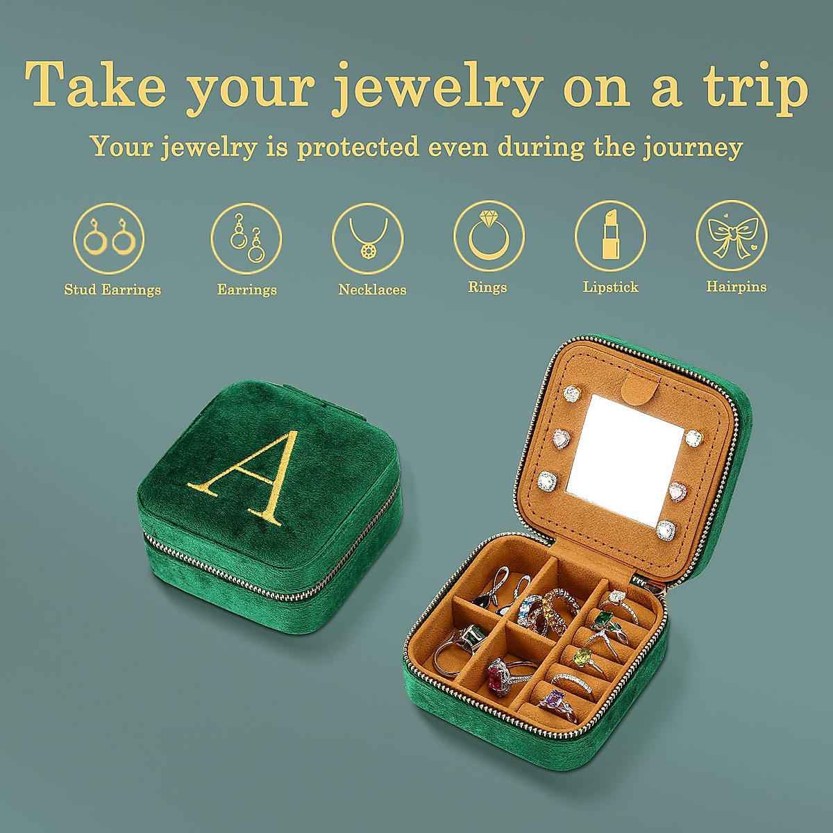 Parima Aunt Gifts - Auntie & Birthday Gifts for Aunt, Plush Velvet Emerald-Green Jewelry Box Travel Case - Letter V, Green