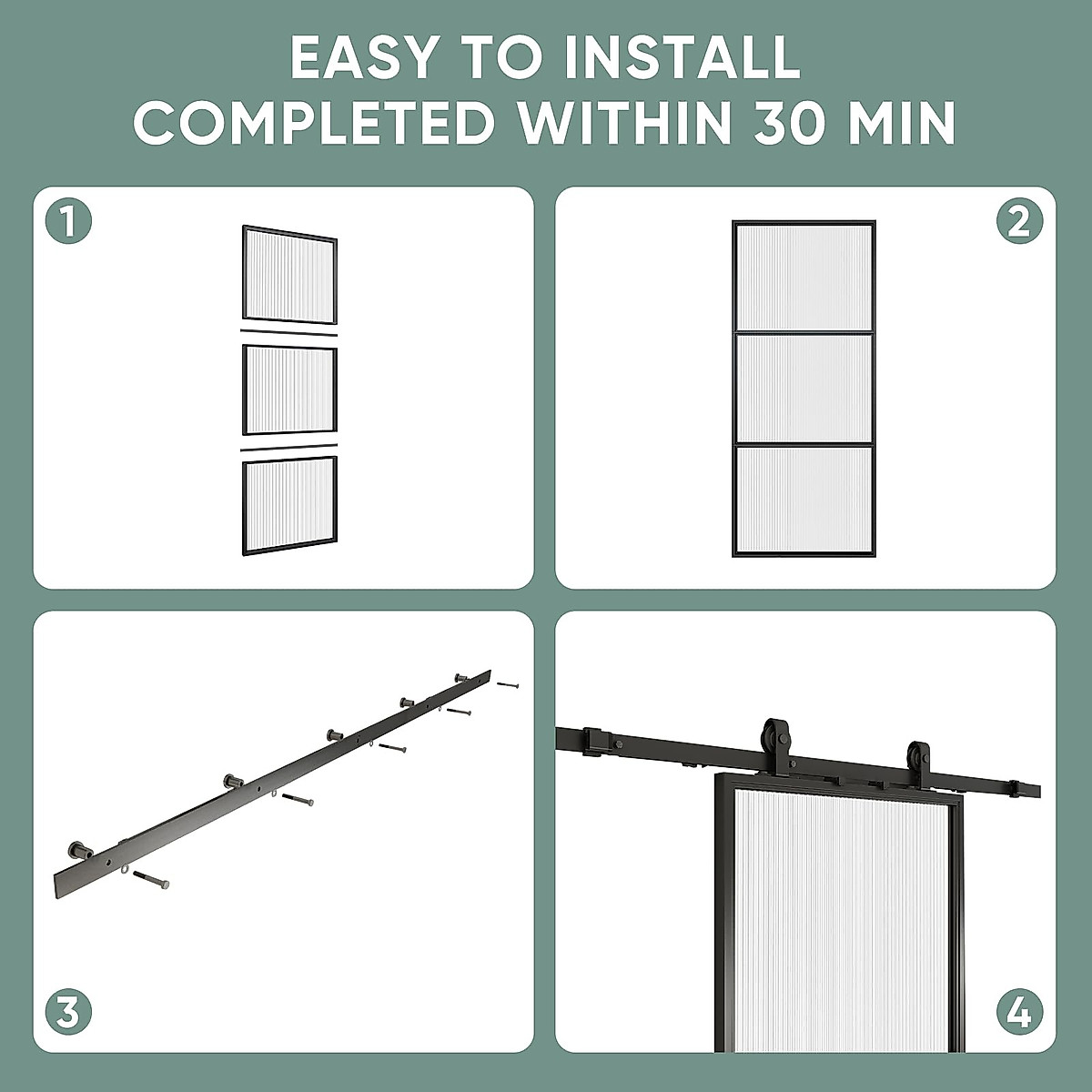 JUBEST Glass Barn Door 42in x 84in, Reeded Glass Carbon Steel Pre-Drilled Frame Sliding Barn Door Panel with 7FT Hardware Kit and Soft Close