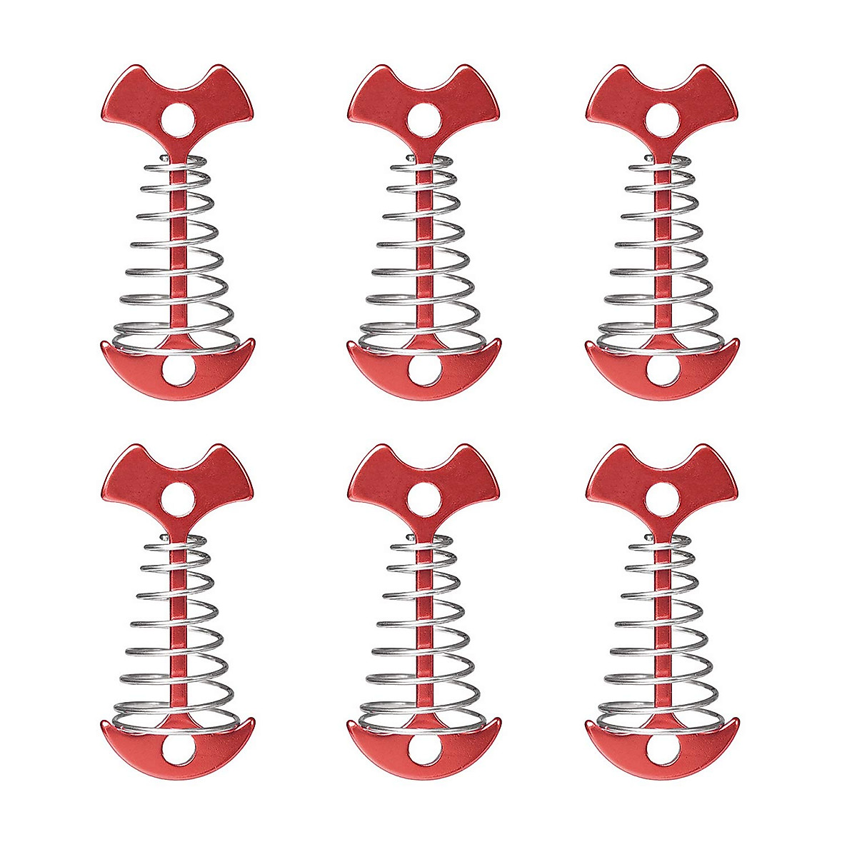 6pcs Aluminum Guyline Cord Adjuster Rope Tensioners Tent Awning Deck Anchor Pegs for Camping Hiking Outdoor Gallery Road or Timber Deck, 3 Inches Fishbone Shape with Spring Buckle