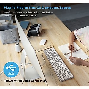 All-Aluminum Wired Keyboard for Apple Mac OS,Plug-n-Play Cable Connection in USB-A+C Port,Full Size USB Keyboard with Numeric Keypad for iMac/Mac Mini or MacBook Pro/Air Laptop