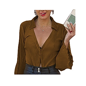 LYANER Women's Deep V Neck Button Front Bell Long Sleeve Blouse Shirt Top Brown Small