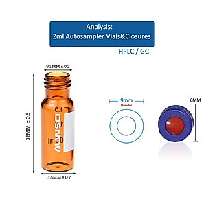 ALWSCI 2 ml 9 mm HPLC Vial, Amber Autosampler Vial, BorosiliGlass Sample Vial with Graduation, 9-425 Type Screw Threaded Vial, Blue Screw Cap with Hole, White PTFE&Red Silicone Septa, 100 of Pack
