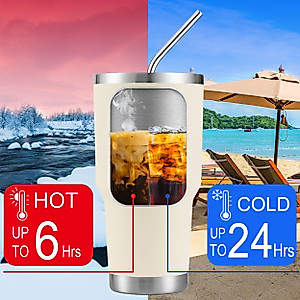 D·S 30oz Cream Tumbler Stainless Steel Insulated Travel Mug with Straw Lid Cleaning Brush (30oz Cream)