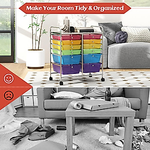 12 Drawers Rolling Storage Cart, Multipurpose Storage Organizer Cart with Lockable Casters, Mobile Utility Cart for Garage Office Home Kitchen (Rainbow+Clear)