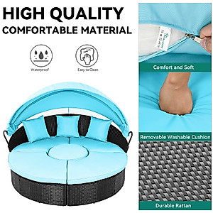 YITAHOME Outdoor Furniture Patio Round Daybed with Retractable Canopy, Soft Cushions, and Storable Side Table for Leisure in Porch Backyard, Turquoise