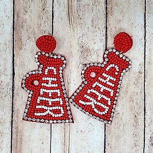 Emulily Beaded Cheer Football Post Earrings Handmade Cheer Football Earrings College Sport Gameday (Red/White)