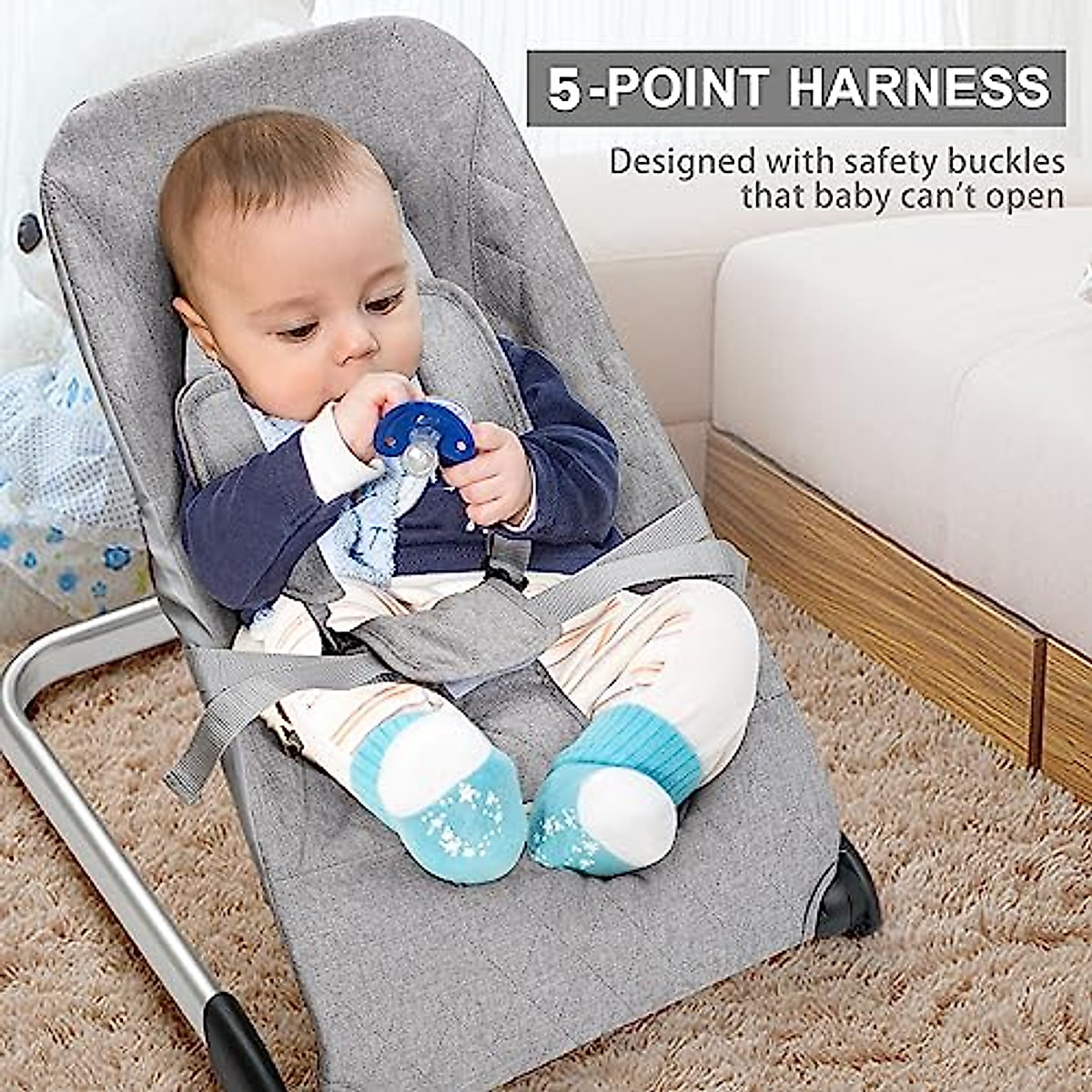 Baby Bouncer,Foldable Bouncer Seat for Babies, Infants Bouncy Seat with Removable Fabric Cover，Natural Vibrations (GRYE)