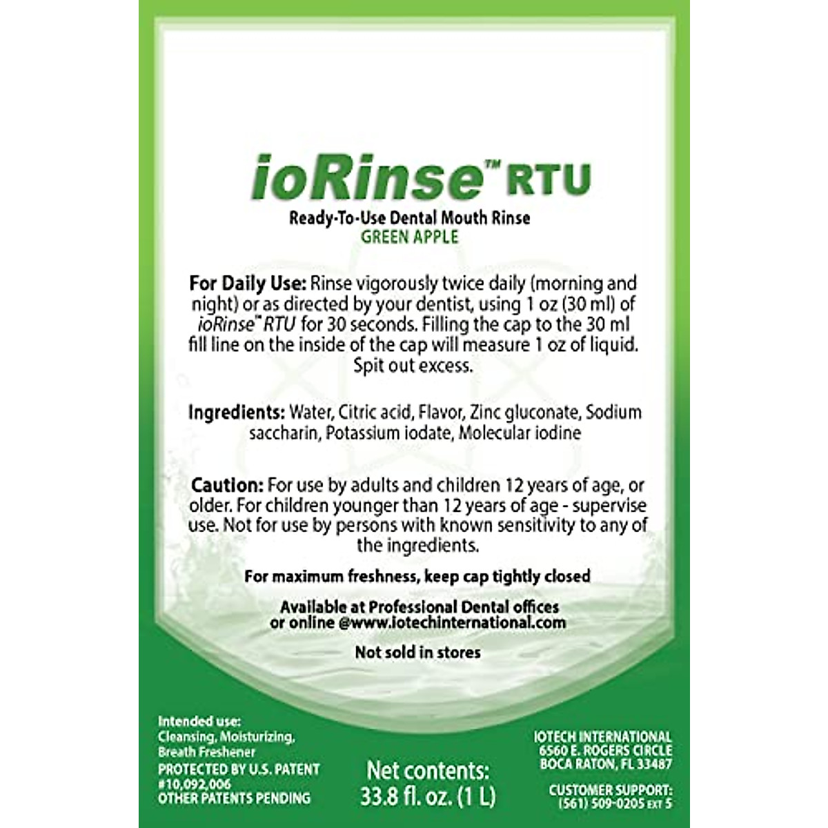 Iotech ioRinse Mouthwash - Get A Natural Clean - Alcohol Free, Fluoride Free - Superior Dental Cleaner for Teeth, Gums and Bad Breath - Green Apple (1 Liter Bottle)