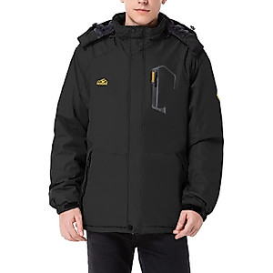 Men's Mountain Waterproof Ski Jacket Windproof Rain Jacket Winter Warm Snow Coat II with Removable Hood U120WCFY028,Black,L