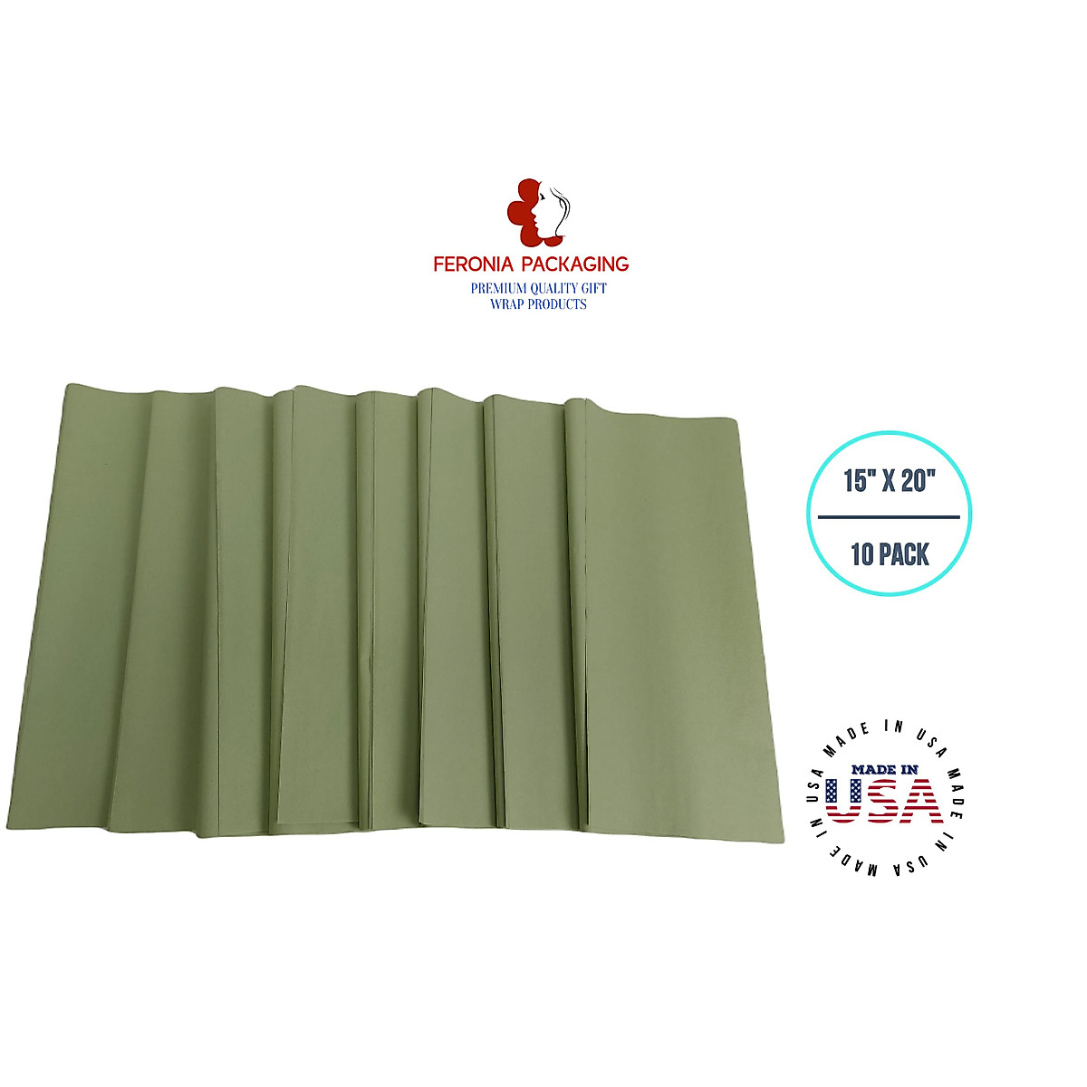 Feronia packaging Sage Tissue Paper Squares, Bulk 10 Sheets, Premium Gift Wrap and Art Supplies for Birthdays, Holidays, or Presents, Large 15 Inch x 20 Inch Made in USA