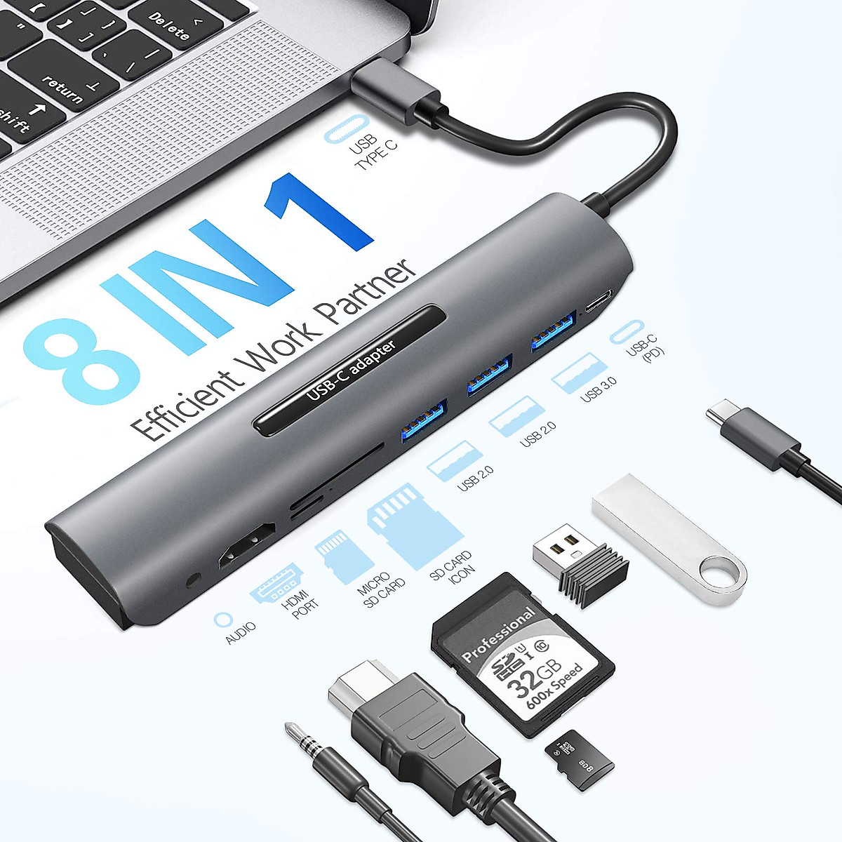 USB C Laptop Docking Station, 8 in 1 USB C Hub - 4K HDMI, USB C Multiport Adapter with USB 3.0 Ports, 60W Type-C Fast Charging, SD/TF Card Reader - Compatible with MacBook Pro/Air/XPS/Type C Devices