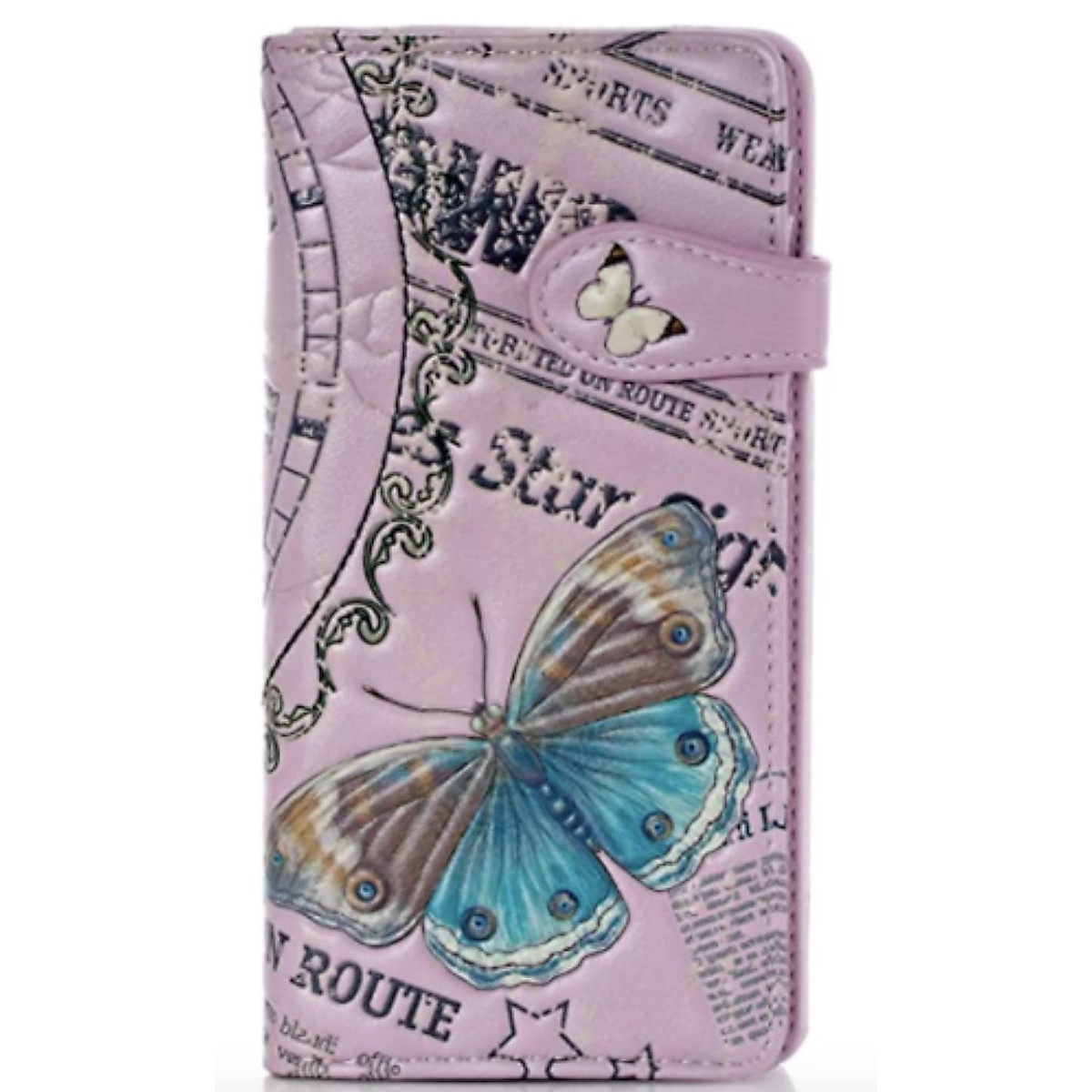 Shag Wear Butterflies Vintage Time Piece Large Fashion Wallet for Women and Teen Girls Vegan Faux Leather 7" Pink