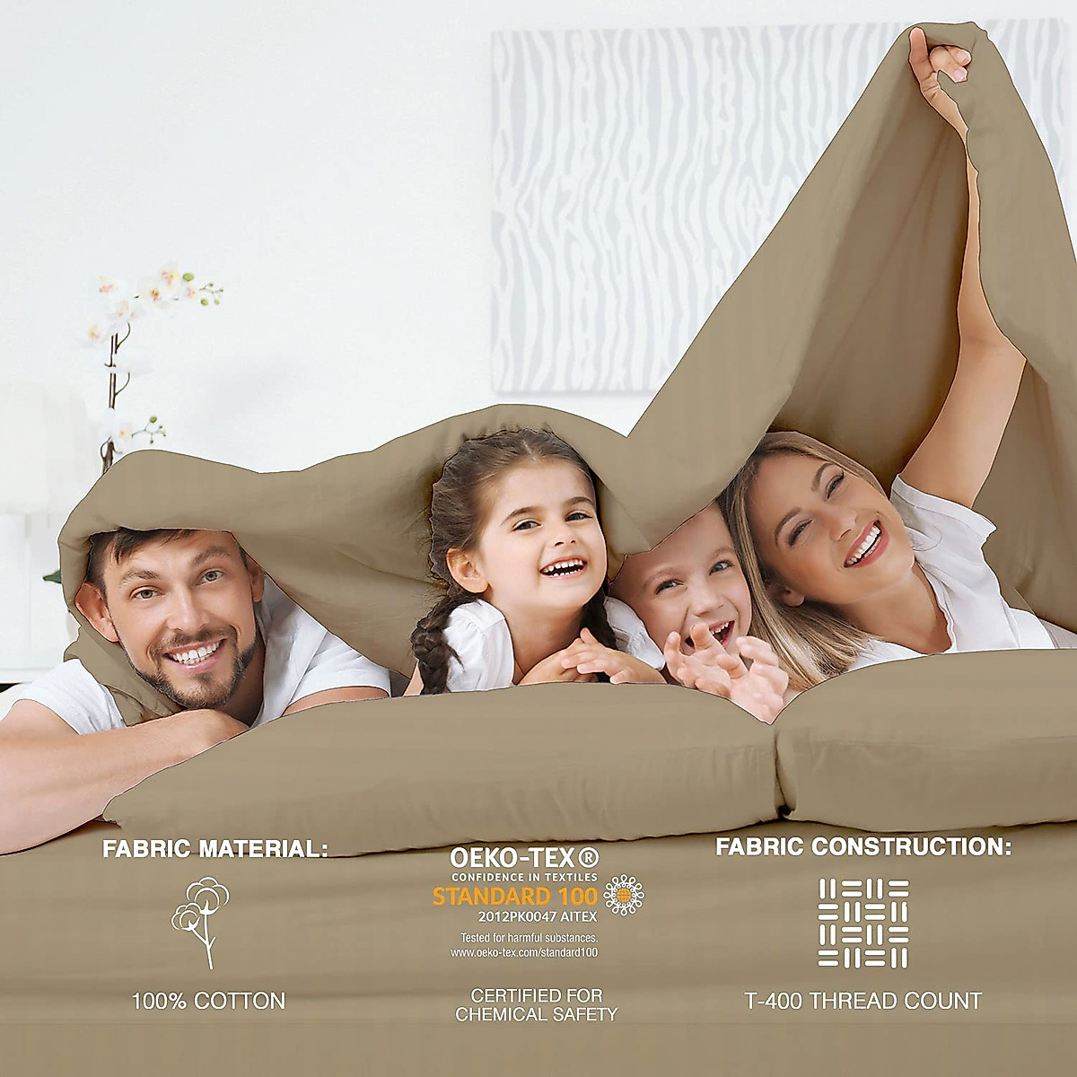 Sunday Home 400 Thread Count 100% Cotton Sheets Damask Stripe Khaki Queen Sheets Set 4 Piece - Ultra Soft Long Staple Sateen Weave Luxury Bed Sheet Set with 16" Deep Pockets - Oeko Tex Certified