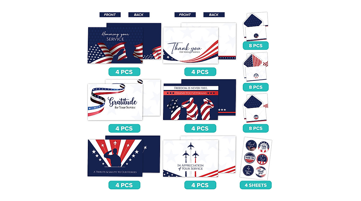 Thank You Veterans Cards - 24 Pack Patriotic Cards