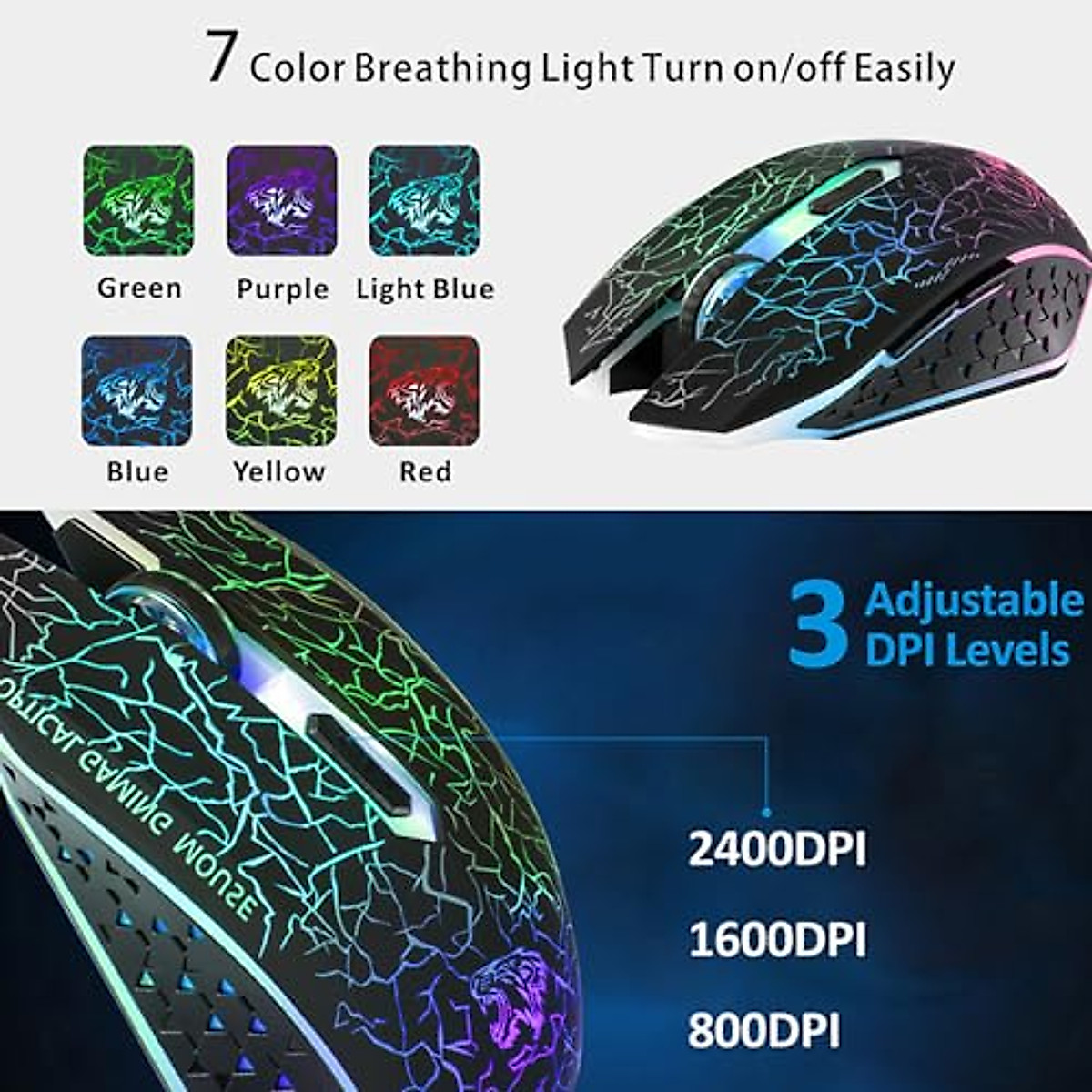 TENMOS M2 Wireless Gaming Mouse, Silent Rechargeable Optical USB Computer Mice Wireless with 7 Color LED Light, Ergonomic Design, 3 Adjustable DPI Compatible with Laptop/PC/Notebook, 6 Buttons (Black)