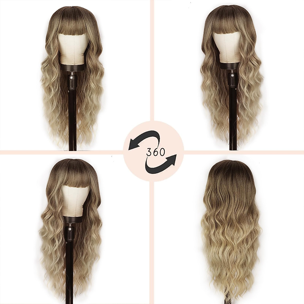 Cisyia Blonde Wigs with Bangs Ombre Blonde Wig for Women 26 Inches Long Wavy Curly Synthetic Heat Resistant Fiber Wigs for Girls Daily Party Use