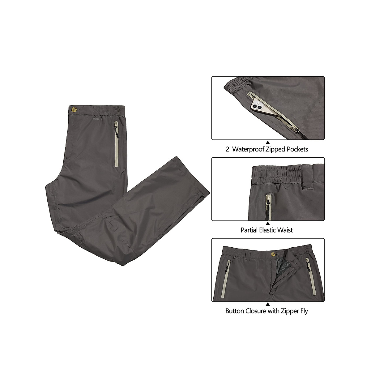 Little Donkey Andy Men's Waterproof Lightweight Rain Pants Breathable Windproof Hiking Golf Fishing Pants Pewter L