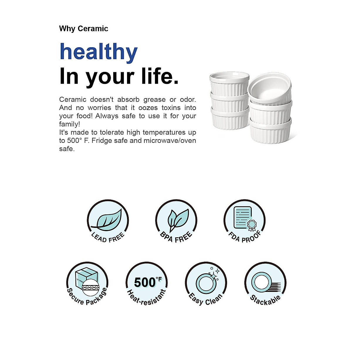 LE TAUCI Ramekins 4 OZ Oven Safe, Creme Brulee Ramekins, Pudding Custard Cups Souffle Ramiken, Dipping Sauce Dishes, Ceramic Ramekin Bowls Set of 6, White