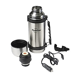 Koolatron 12V Insulated Vacuum Flask with Heater, 1L Silver and Black Stainless Steel, Push Button Dispenser, for Car, SUV, Truck, RV, Boat