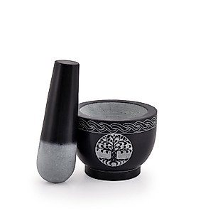 Samhita Tree of Life Natural Stone Mortar & Pestle Mortar Diameter- 3.75"x 2.75" Pestle-5" x 1.5"