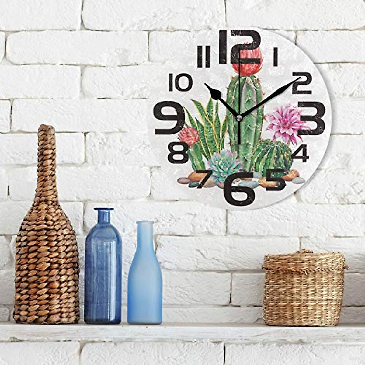 Oreayn Tropical Cactus Flower Wall Clock for Home Office Bedroom Living Room Decor Non Ticking Green