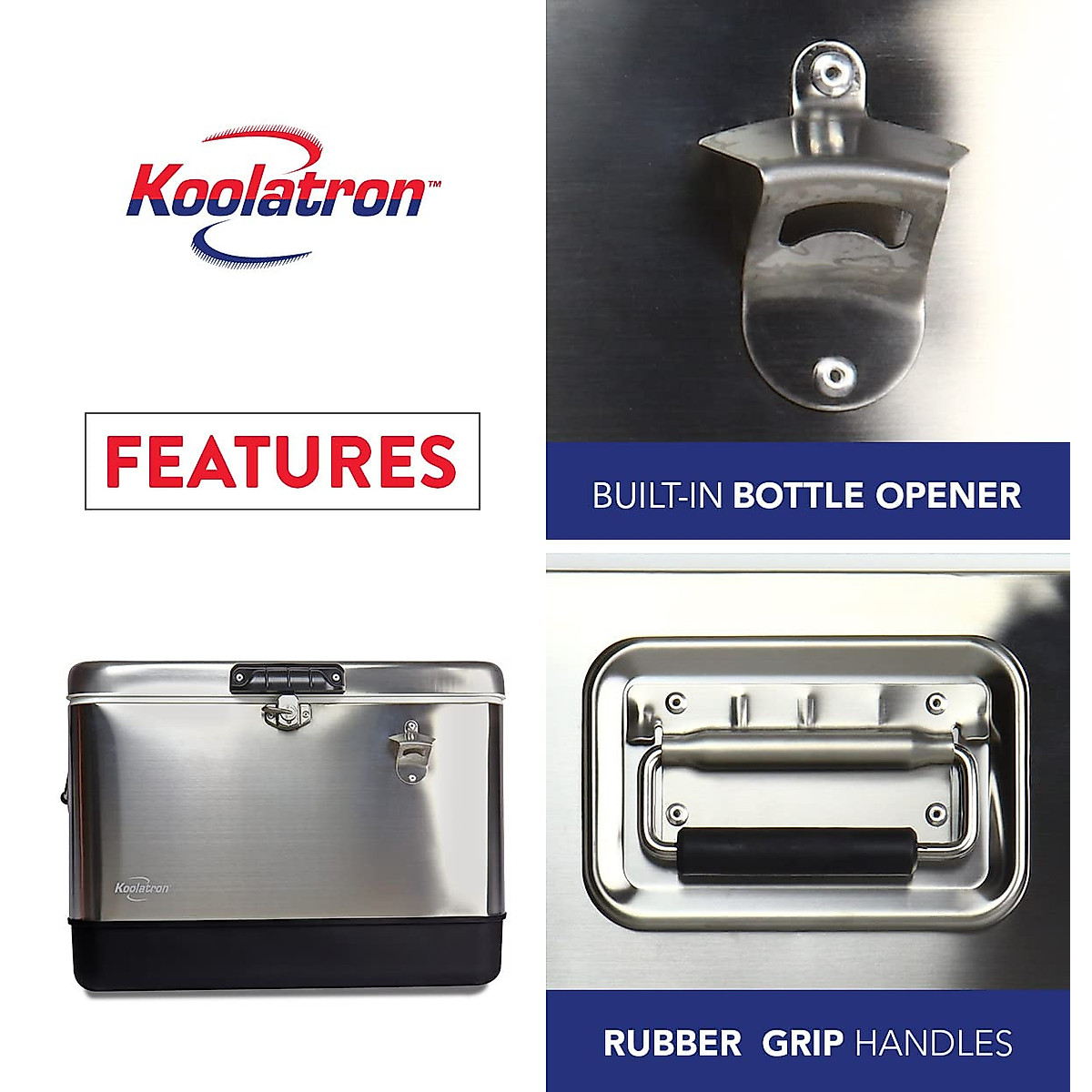 Koolatron Retro Ice Chest Cooler with Bottle Opener Blue and Red, Vintage Style Ice Bucket for Camping, Beach, Picnic, RV, BBQs, Tailgating, Fishing