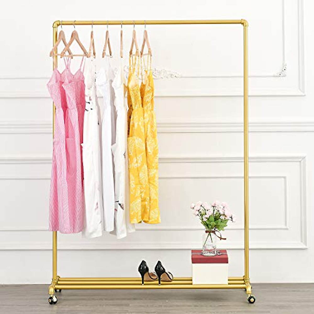 BOSURU Industrial Pipe Rolling Clothing Rack Garment Rack with Wheels Retail Display Clothes Racks Perfect for Laundry Rooms Bedrooms or Boutiques Gold
