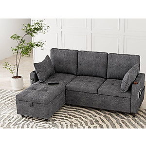 TTGIEET Pull Out Couch with Reversible Storage Chaise, L Shape Sleeper Sofa with 2 USB Port & Cup Holders, 2 in 1 Convertible Sofa Bed with 2 Pillows for Living Room (Dark Grey, Chenille)
