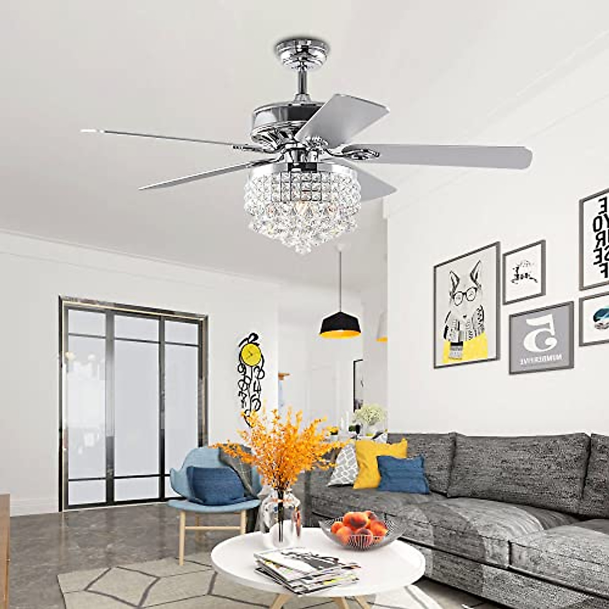 Tropwellhouse LuxureFan 52" Crystal LED Chrome Ceiling Fan Light Fixture Gorgeous Crystal 5 Reverse Wood Blades Modern Chandelier with Remote Control Decoration Home/Living Room