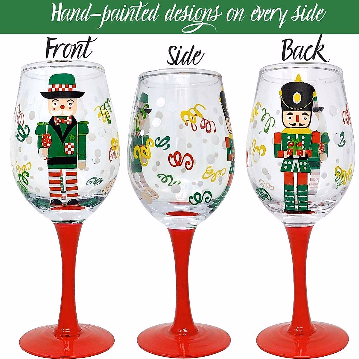 BANBERRY DESIGNS Nutcracker Christmas Wine Glasses - Set of 2 Holiday Toy Soldier Design - Red and Green Festive Xmas Glassware Painted with Stem 14 oz