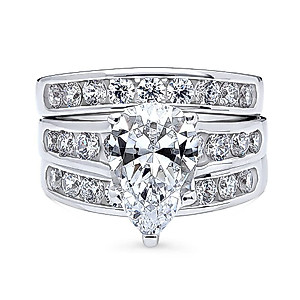 BERRICLE Sterling Silver Solitaire Wedding Engagement Rings 3 Carat Pear Cut Cubic Zirconia CZ Ring Set for Women, Rhodium Plated Size 5.5