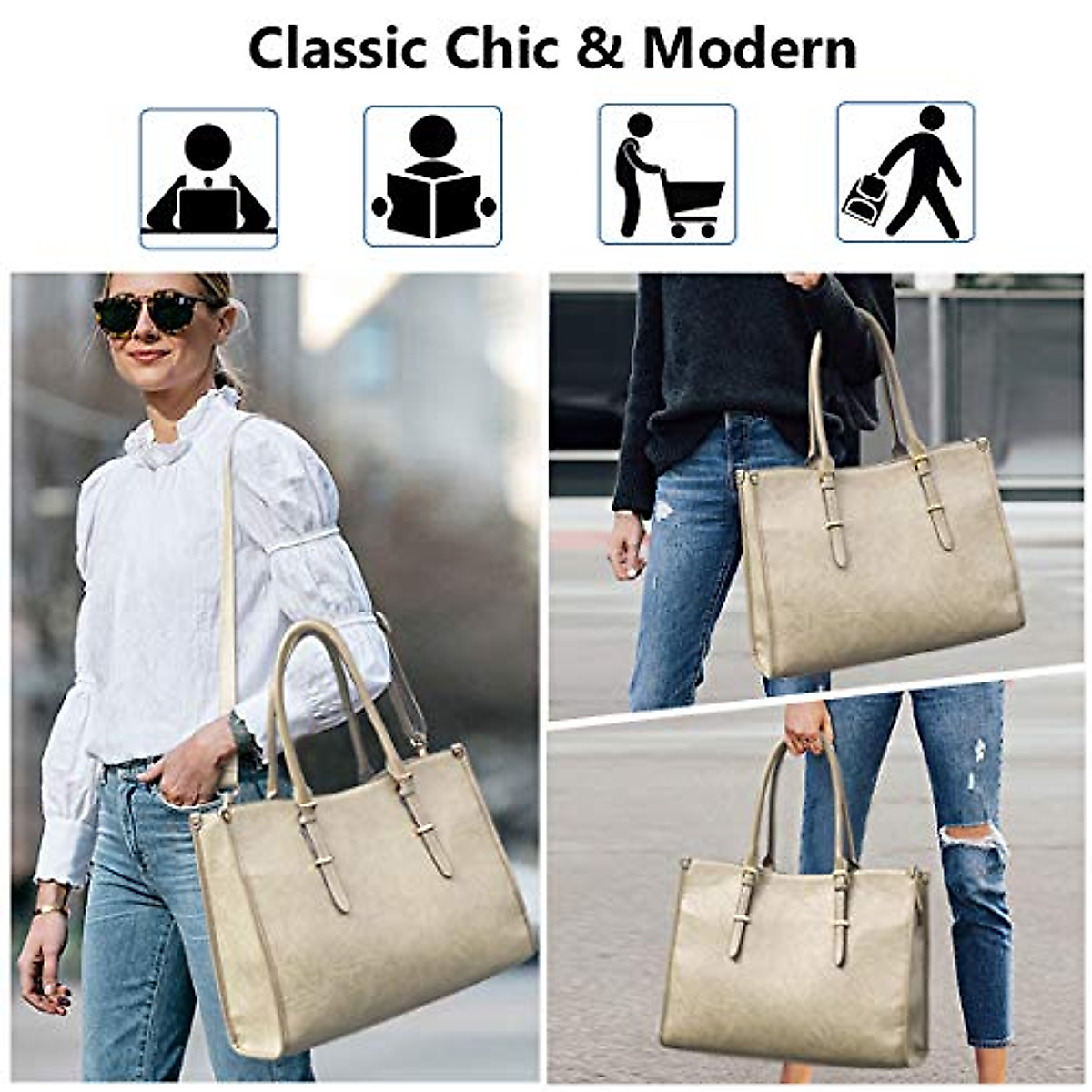 Laptop Bag for Women 15.6 Inch Waterproof Lightweight Leather Laptop Tote Bag Womens Professional Business Office Work Bag Briefcase Large Computer Bag Shoulder Handbag Beige