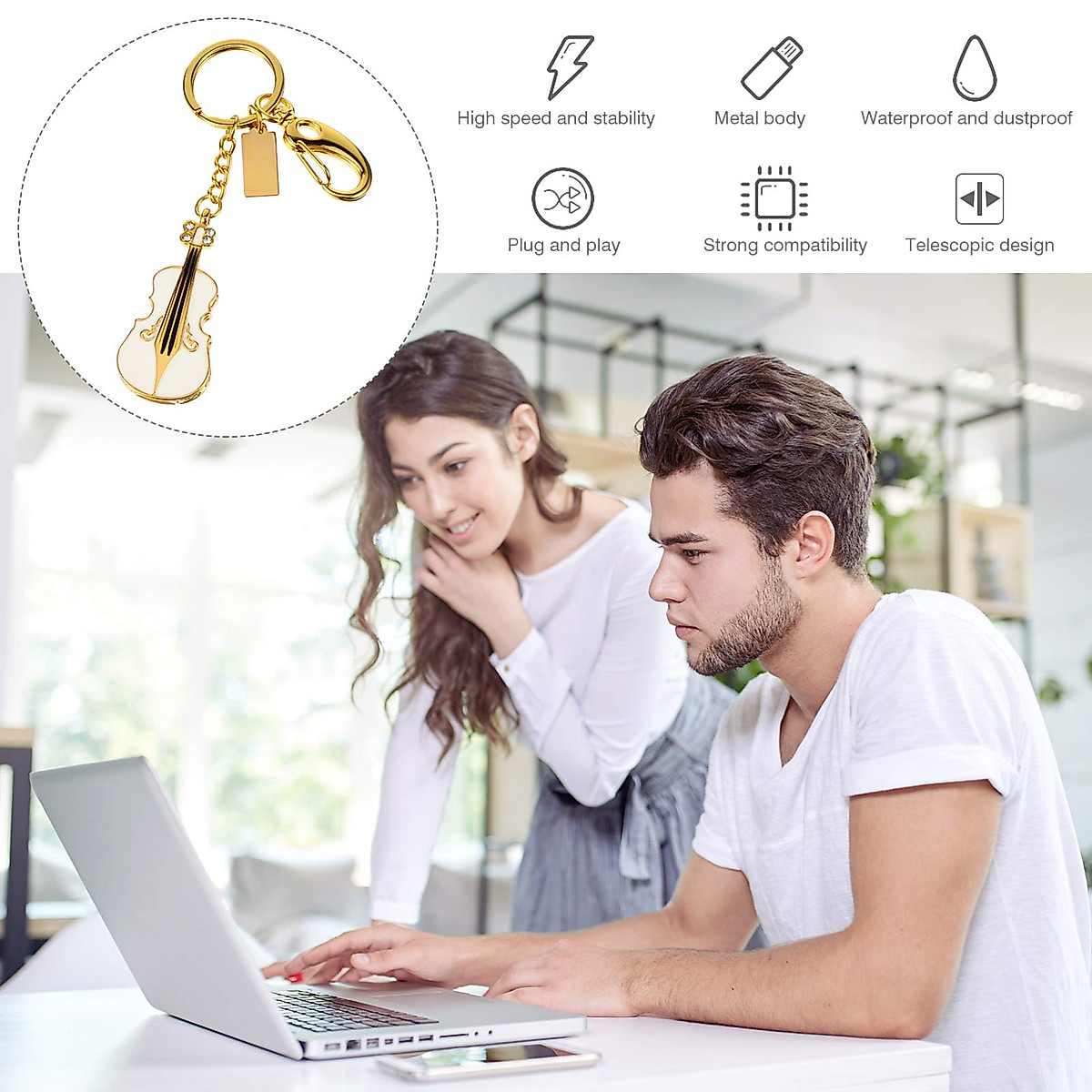 SOLUSTRE USB Drive 32GB Guitar USB Flash Drive Keychain Musical Instrument Key Ring Memory Stick Pendrive Jump Drive Gifts for Data Files Pictures Storage Car Decor