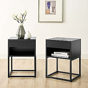 MUSEHOMEINC Simple End Table with Drawer and Shelf for Any Room,Nightstand,Metal Leg Design (Black)