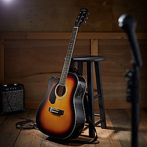 Ashthorpe Full-Size Left-Handed Dreadnought Cutaway Acoustic-Electric Guitar Bundle - Premium Tonewoods - Sunburst