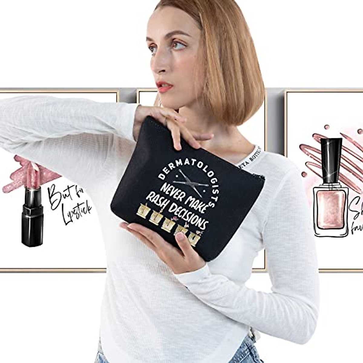 LEVLO Dermatologists Cosmetic Make Up Bag Dermatology Gift Dermatologists Never Make Rash Decisions Makeup Zipper Pouch Bag For Dermatology Graduation (Black Dermatologists)