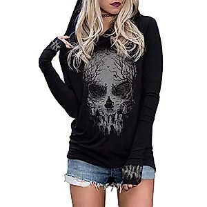 MHTOR Halloween Horror Skull Silhouette Hoodie Women Long Sleeve Sweatshirt NoveltyPullover Hoodie(Medium,Black)