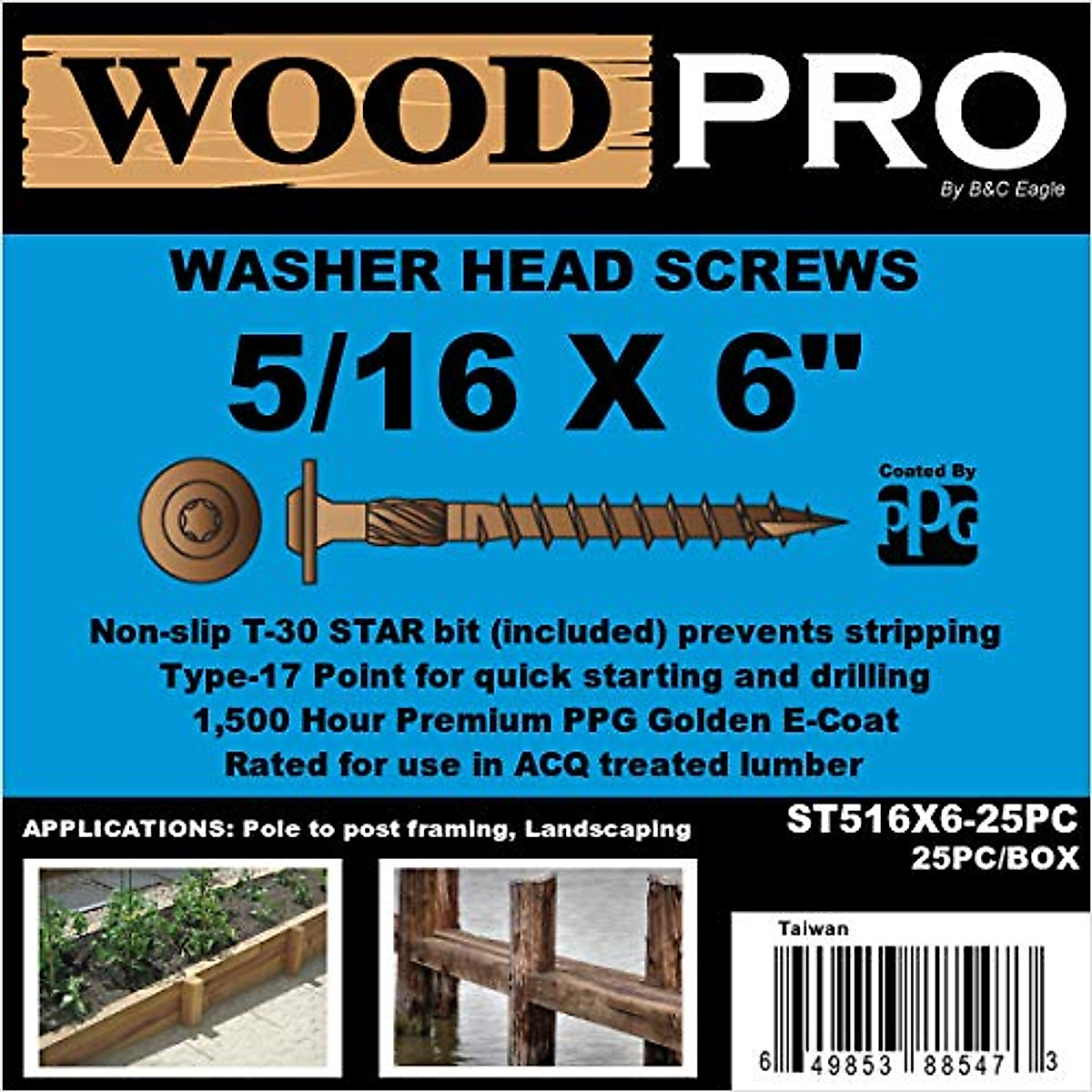 WoodPro Fasteners ST516X6-25PC 5/16-Inch by 6-Inch Length Round Washer Head Exterior Wood Screws, 25-Pack , Gold